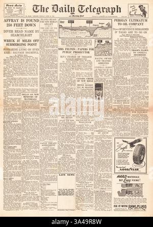 1951 Daily Telegraph front page reporting the HMS Affray disaster Stock ...