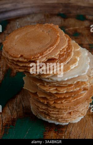 Japanese baked rice snack named Senbei on wood background Stock Photo ...