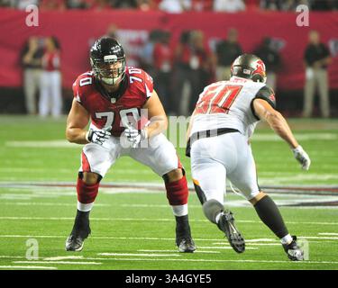 Atlanta Falcons offensive tackle Jake Matthews (70) lines up during the ...