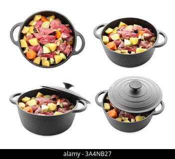 Uncooked stew ingredients and pot isolated on white, set. Top and side ...