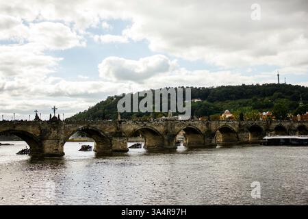 Old medieval stone bridge with sculptures in the night illumination ...