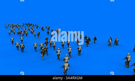a crowd of walking soldiers with weapons. green screen. War, conflict ...