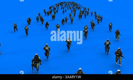 a crowd of walking soldiers with weapons. green screen. War, conflict ...