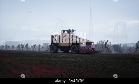 zombie car and walking crowed zombies. Apocalyptic concept. 3d ...