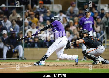 Colorado Rockies' Hunter Goodman (15) follows through on hitting a ...