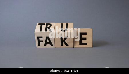 True vs Fake symbol. Wooden cubes with words Fake and True. Beautiful ...