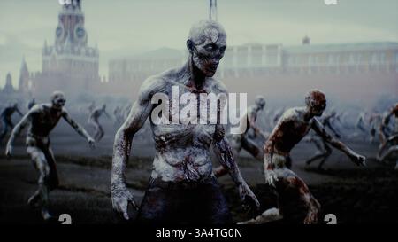 Russia apocalypse. Zombie walks on Red Square, crowd of zombies. Moscow ...