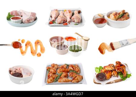 Different types of marinade. Ingredients and raw chicken parts isolated on white, set Stock ...
