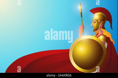 Cartoon Greek Goddess Athena with a shield and a spear. Vector ...