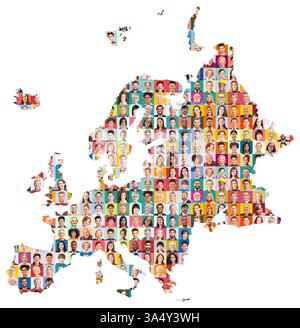 Panorama of portraits of people of many generations against colorful ...