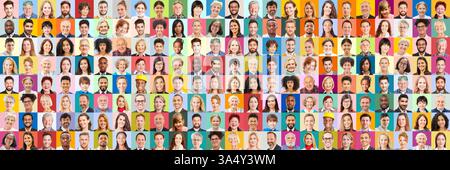 Panorama of portraits of people of many generations against colorful ...