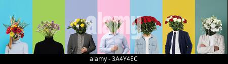 Art collage. People with bouquets of flowers instead of their heads on ...