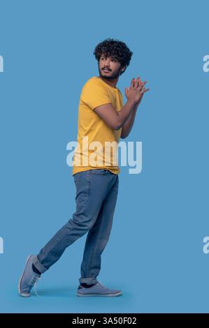 Photo of focused concentrated person calm face look interested empty ...