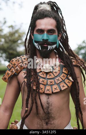 Dreadlocks male Mayan warrior in traditional costumes and body ...