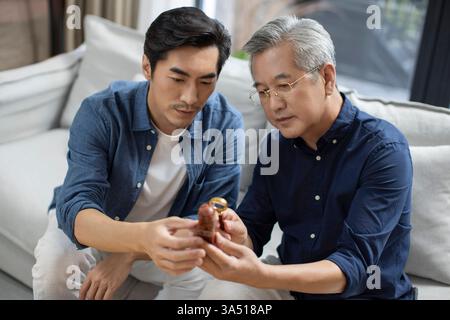 Mid adult Chinese man admiring antique with his father Stock Photo - Alamy