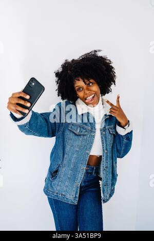 Portrait of his he her she phone grimace fun isolated background Stock ...