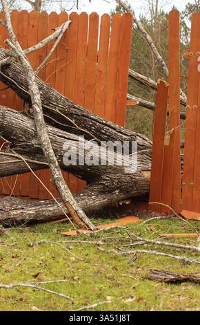 Fence Damaged From Tree Falling During Rain Storm Stock Photo - Alamy