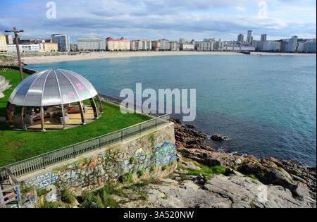 Coruna-Spain. View of the A Coruna promenade and Riazor beach on June 3 ...