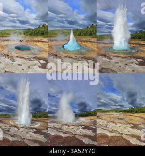 Collage showing different phases of the action of the geyser. Gushing ...