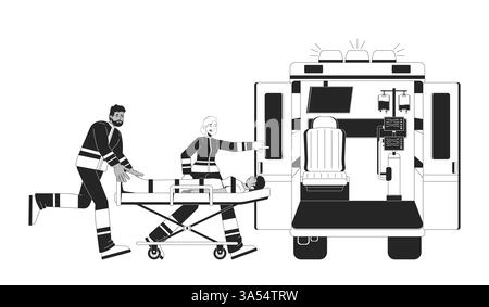 Paramedics loading patient into ambulance 2D vector illustration Stock ...