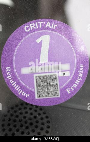 Paris, France. 21st Mar, 2025. View of the Crit Air 3 sticker, in Paris ...