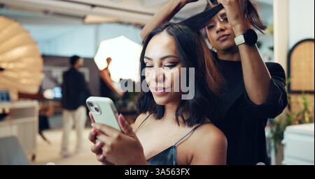 Backstage, celebrity or makeup with girl and stylist in studio, getting ...