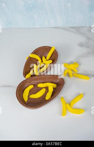 Chocolate Easter egg with a childish banana syrup flavor Stock Photo ...