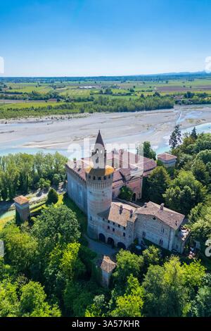 Aerial view of the medieval castle of Rivalta built on the river ...