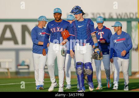 Texas Rangers starting pitcher Kumar Rocker throws during the first ...
