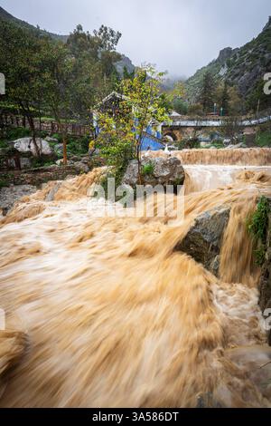 Torrential rain and swollen river, Ras el Maa fountain, Chefchaouen ...