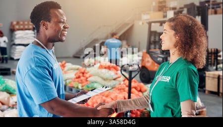 Handshake, happy and volunteers for non profit at food drive, charity ...
