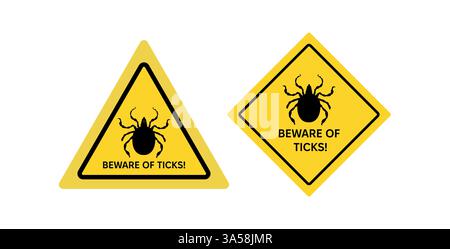 A caution sign warning about mites. Yellow sign with tick silhouette ...