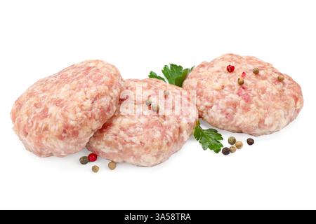 Three uncooked patties and spices isolated on white Stock Photo - Alamy