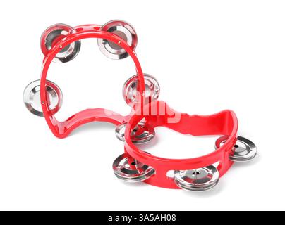 Red toy tambourines isolated on white. Child's musical instrument Stock ...