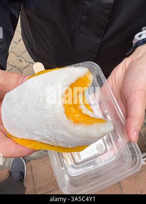 Close-up of a mango mochi dessert in a clear plastic container, with a ...