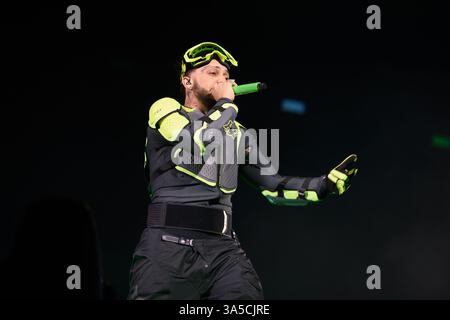 Singer JC Reyes performs during the concert Movistar Arena in Madrid ...