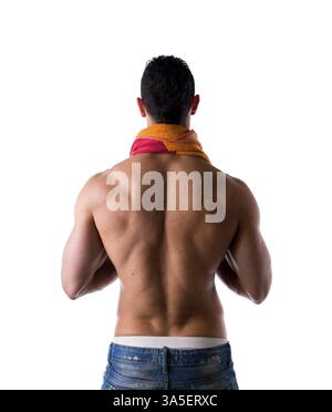 Hunk with towel around his neck back view on white background Stock ...