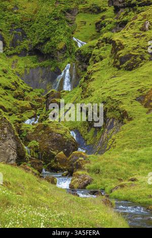 July in Iceland. Basalt mountains overgrown with a green grass and moss ...