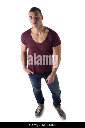 Full body photo of young handsome man sit bean bag reading blog hold ...