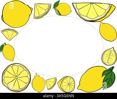 Lemon whole and slices rectangle frame. Vector black and white graphic ...