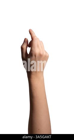 Female hand with slightly curved index finger reaching forward, making ...
