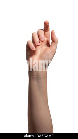 Female hand with slightly curved fingers, index finger extended in a ...