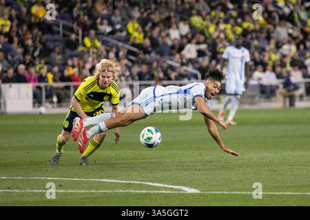 Nashville SC midfielder Edvard Tagseth (20) is shown a yellow card ...