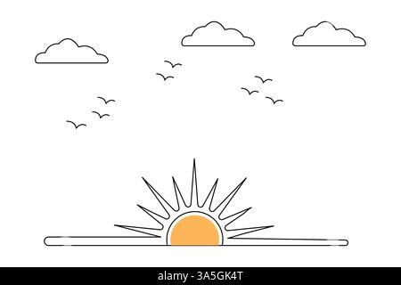 Sunset continuous single line drawing of nature sunset vector art ...