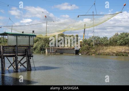 Fishing houses in dock and fishnet. Empty fishnets Stock Photo - Alamy
