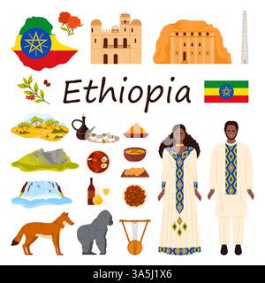 Ethiopia, Addis Ababa flat landmarks vector illustration. Ethiopia ...