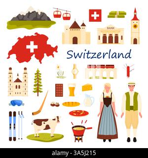 Travel to Switzerland set. Swiss people in national dress, heritage ...