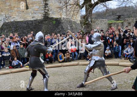 Lords in armor at the medieval castle of Castelnaud in Périgord, which ...