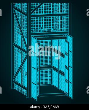 Caged industrial elevator. Warehouse cargo elevator stylized vector ...