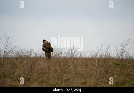 British army soldier moving across tall grass meadow Stock Photo - Alamy